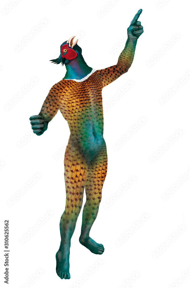 humain hybride animal, oiseau, tête d'animal, mi-humain, mi-faisant ...
