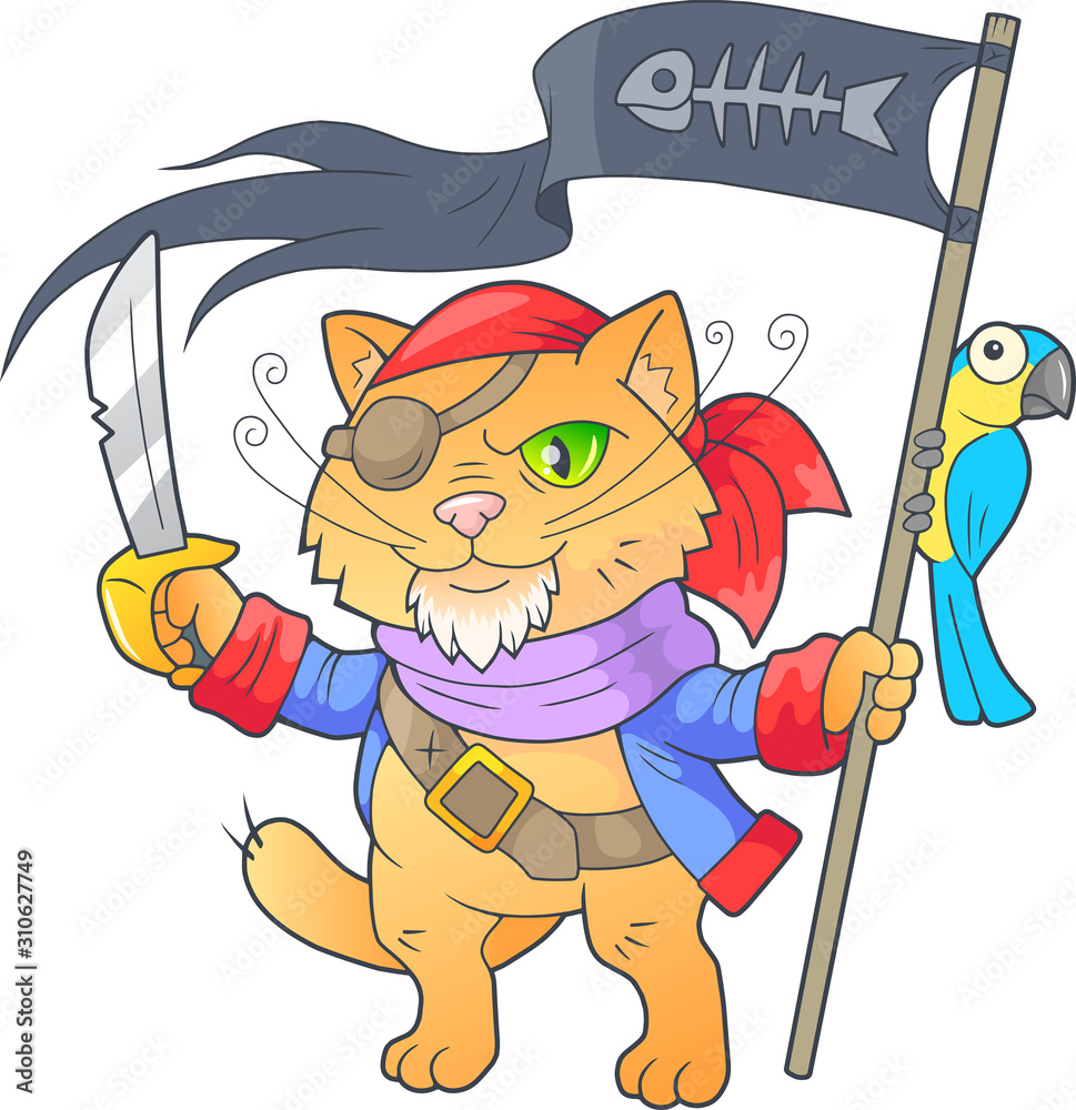 cartoon cute cat pirate little pet, funny illustration Stock Vector ...