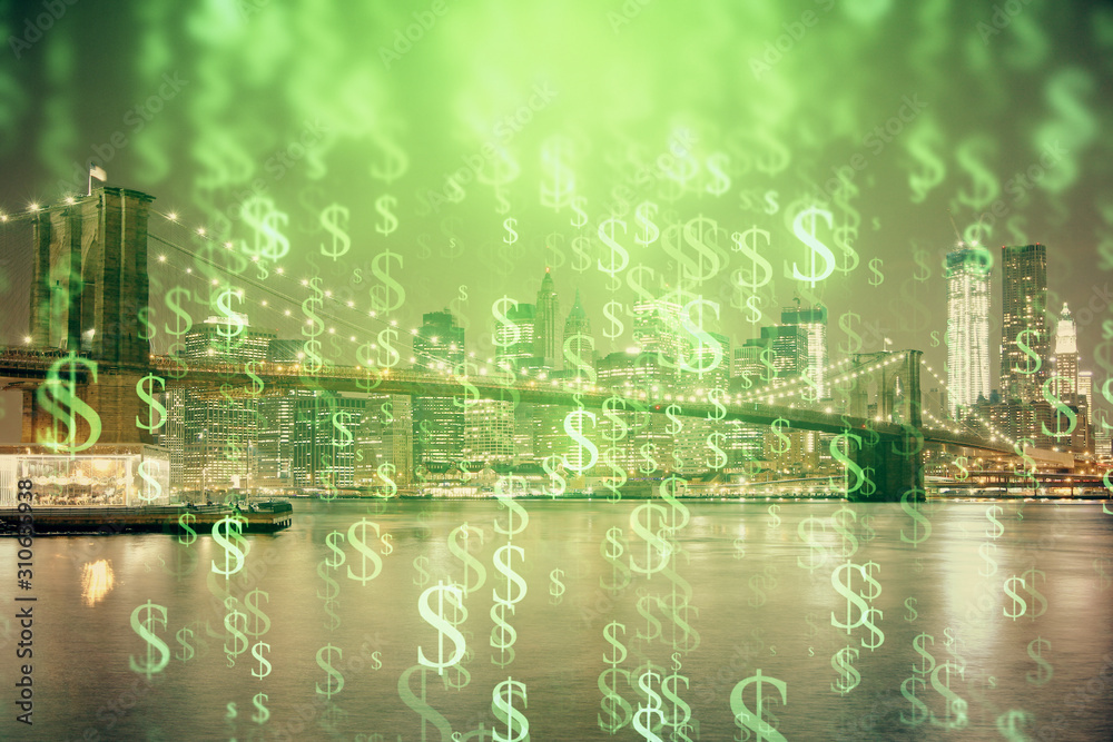 Financial chart on city scape with tall buildings background multi ...