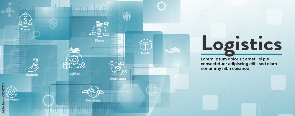 Logistics icon set and web header banner with buildings, trucking ...