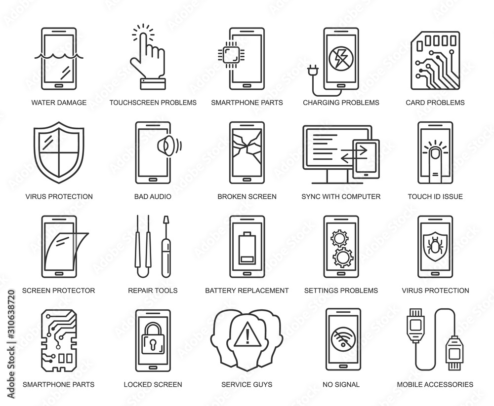 Mobile repair service line style icons set. Phone fix pattern ...