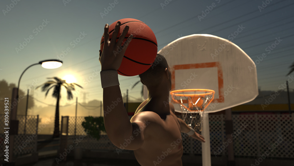 Shirtless basketball player one hand slam dunk street ball late ...