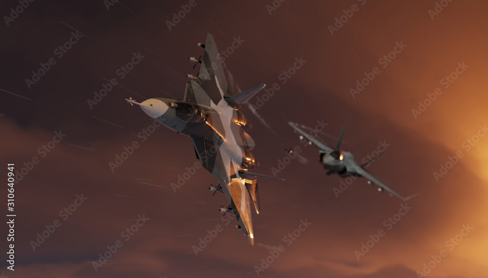 F-35 jet fighter aircraft firing a missile, target is russian su-57 ...