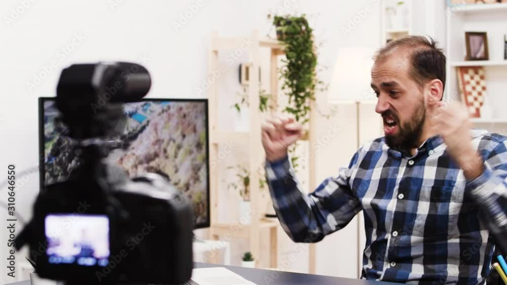 Happy reaction of famous influencer recording a vlog Stock Video ...