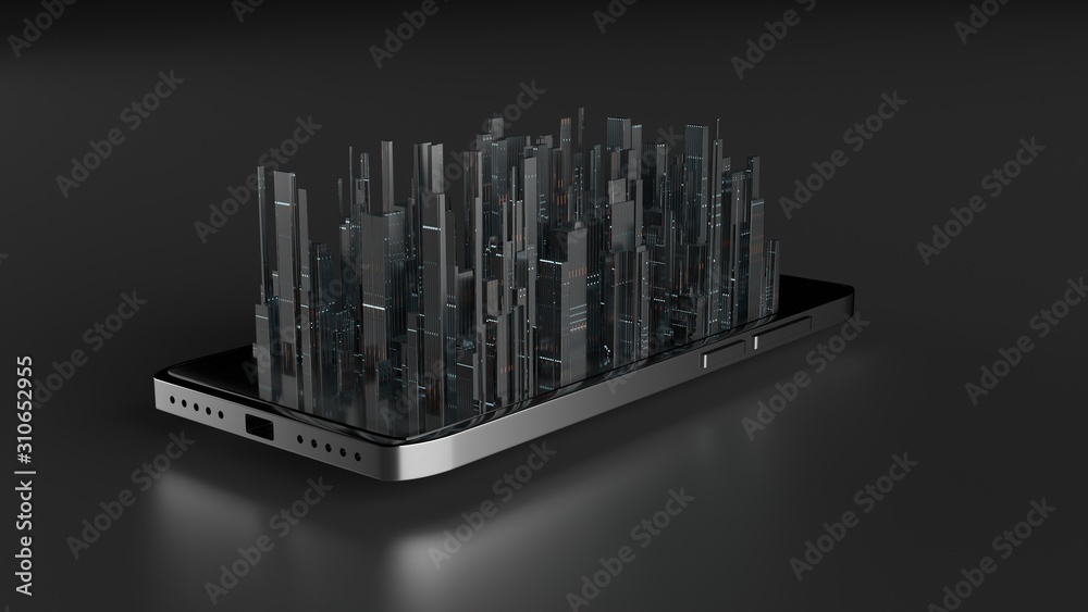 3D Rendering of mobile phone with small dimension skyscraper city ...