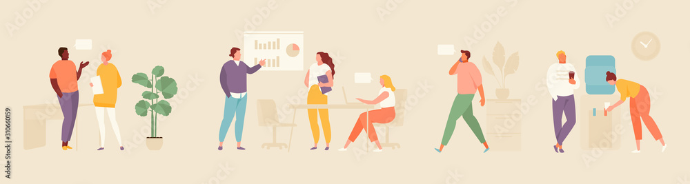 Business people in the office. Moments of office life set flat ...