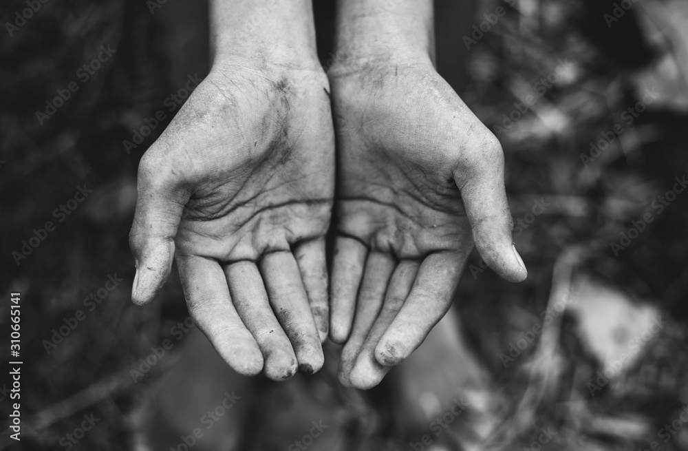 hands poor child or beggar begging you for help sitting at dirty slum ...