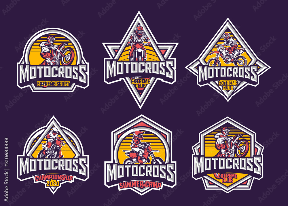Motocross premium vintage badge logo label design template pack yellow ...