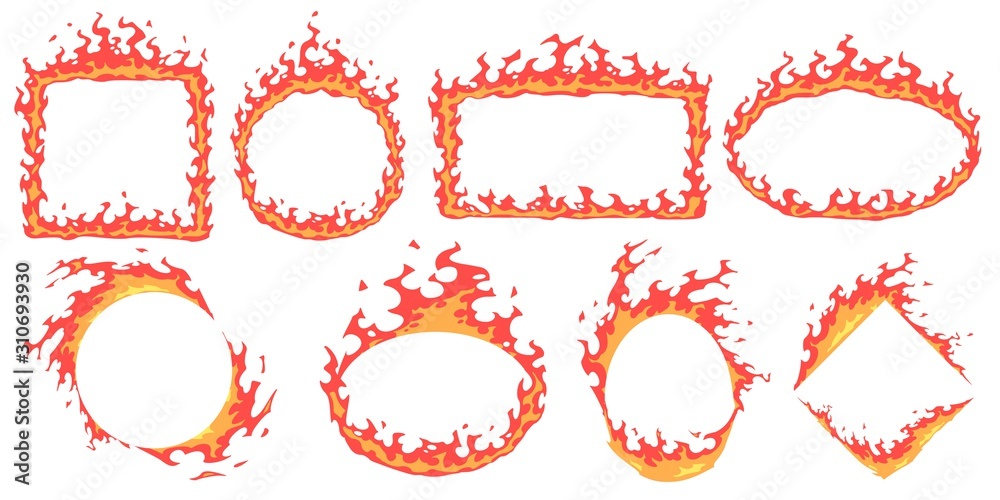 Cartoon fire frames. Hot banner, red flame frame and fire flames badge ...