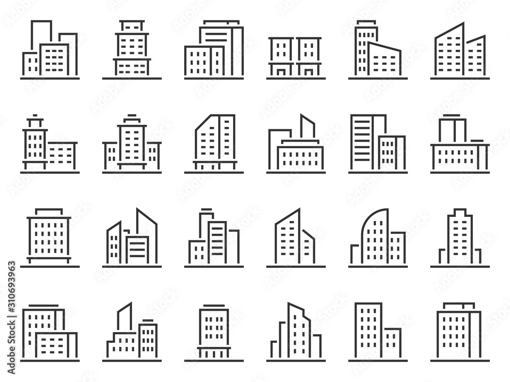 Line building icons. Hotel companies business icon, city buildings and ...