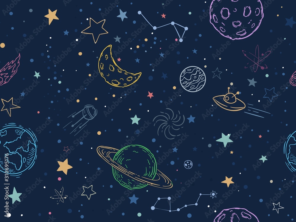 Color seamless space pattern. Hand drawn planets, cosmic galaxy texture ...