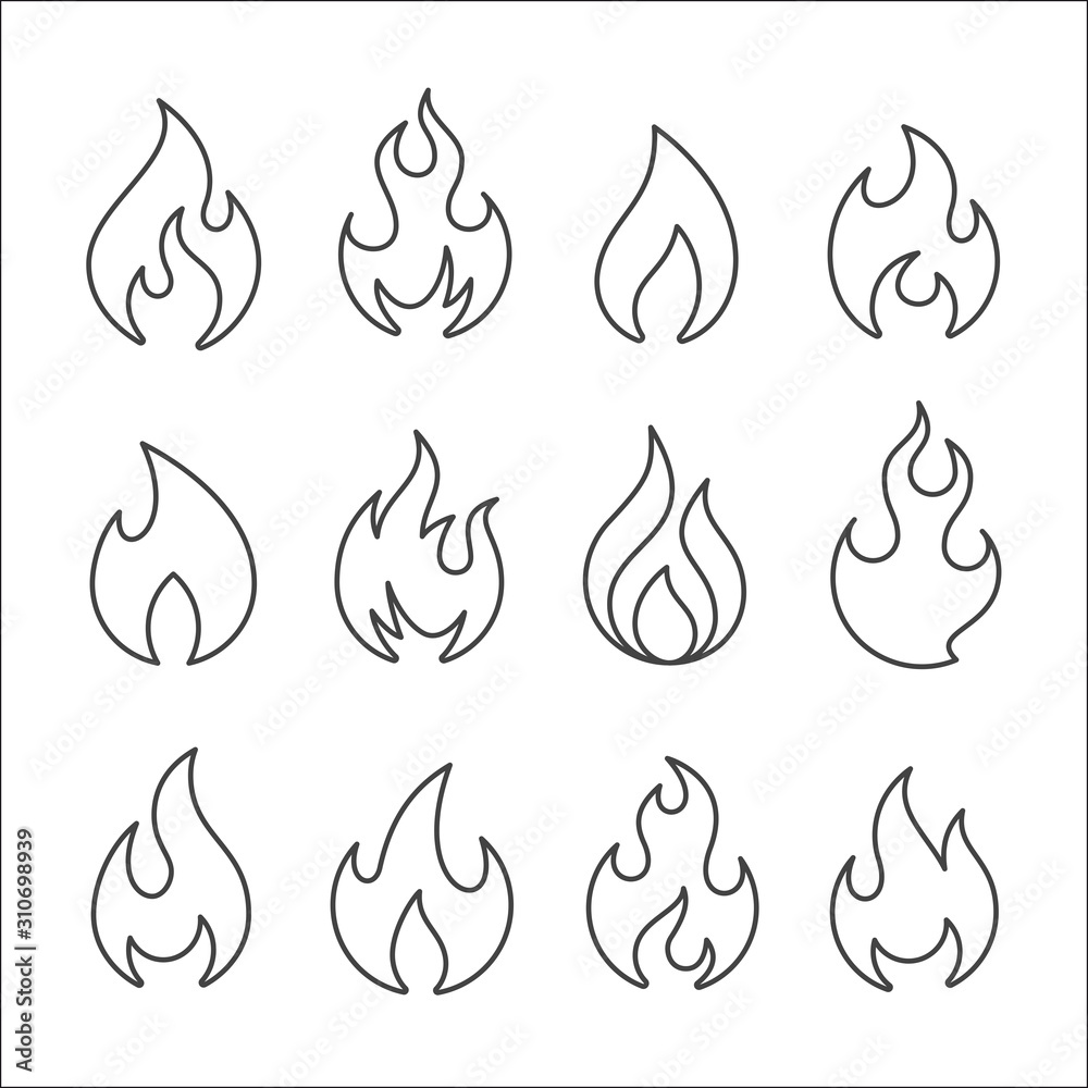 flames, icon set. fire, flame of various shapes, linear icons. Line ...