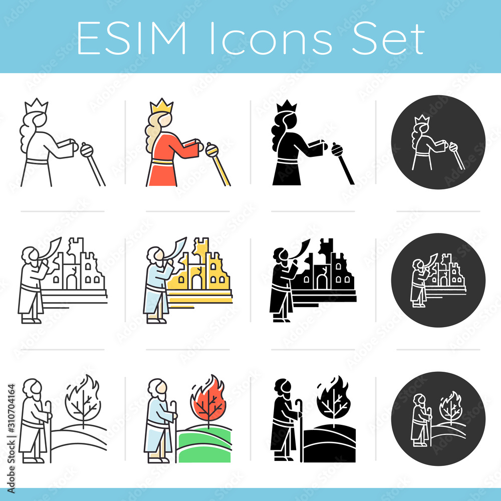 Bible narratives icons set. Moses, Queen Esther myths. Religious ...