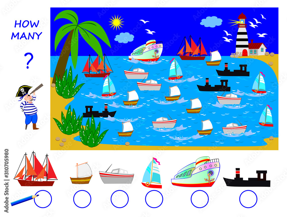 Math education for children. Help the pirate count quantity of each of ...