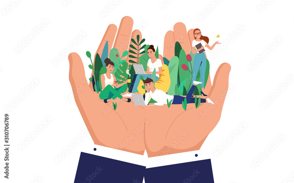 People work in big hands. Stock Vector | Adobe Stock
