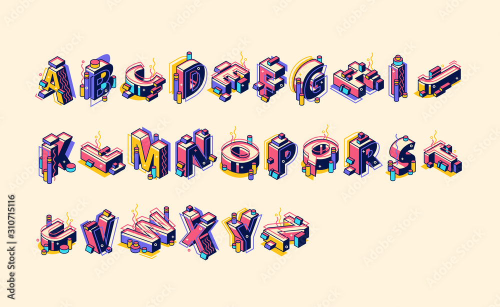 Isometric alphabet in colorful memphis style, hipster abc uppercase ...