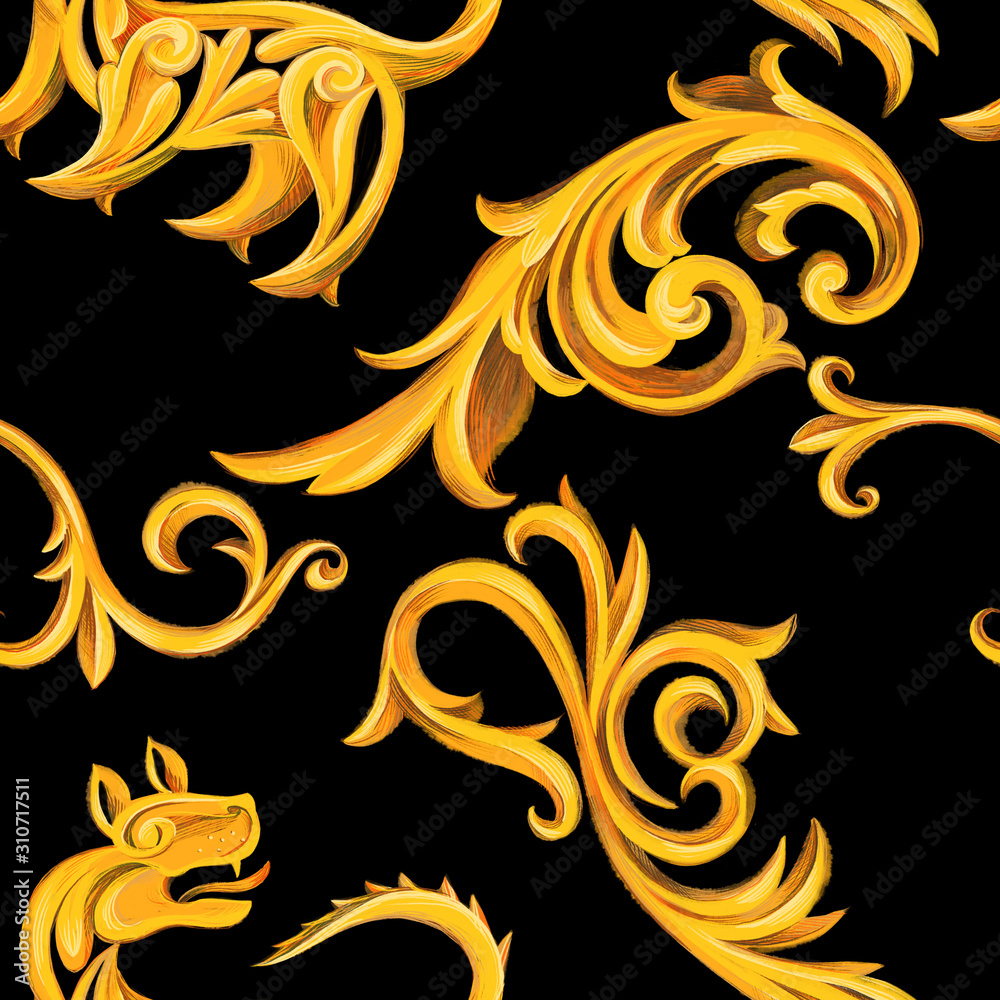 Luxury seamless pattern with golden Baroque elements. Heraldic swirl ...