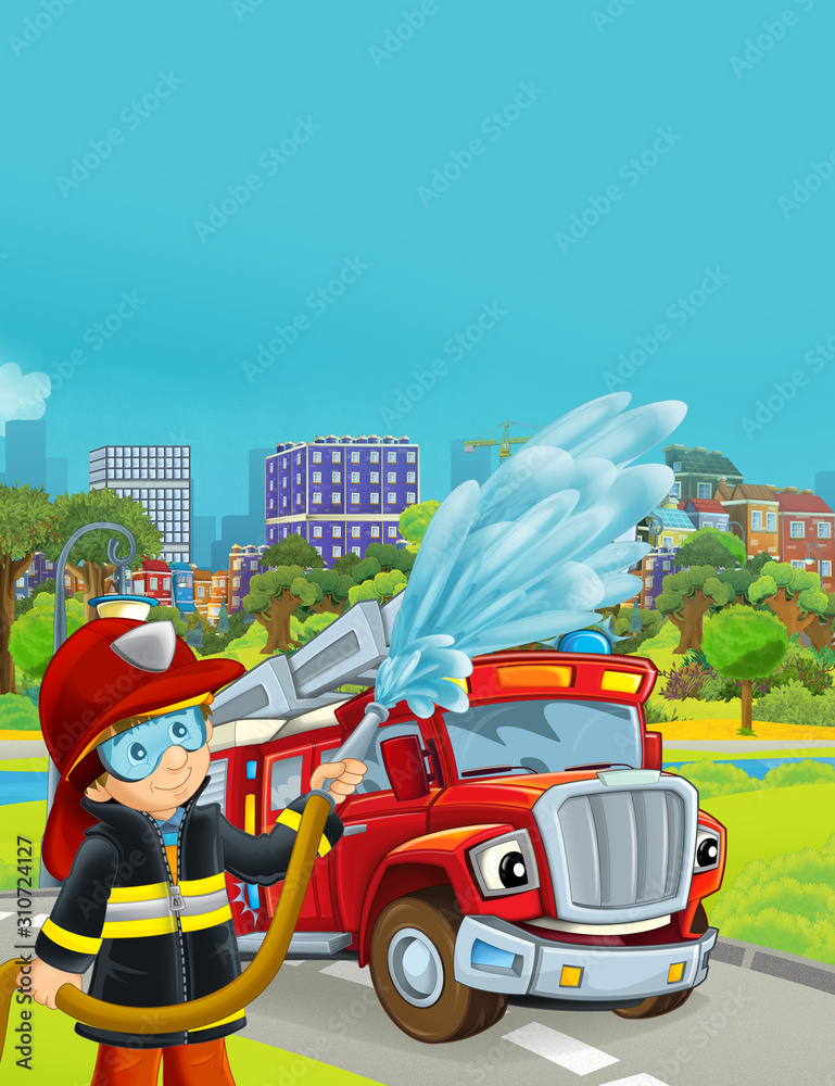 cartoon scene with fireman vehicle on the road - illustration for ...