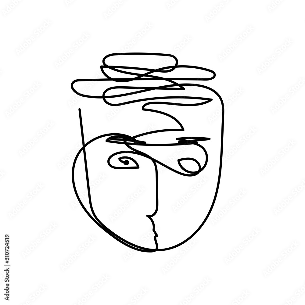 Outline man Face drawn by a continuous line isolated on a white ...