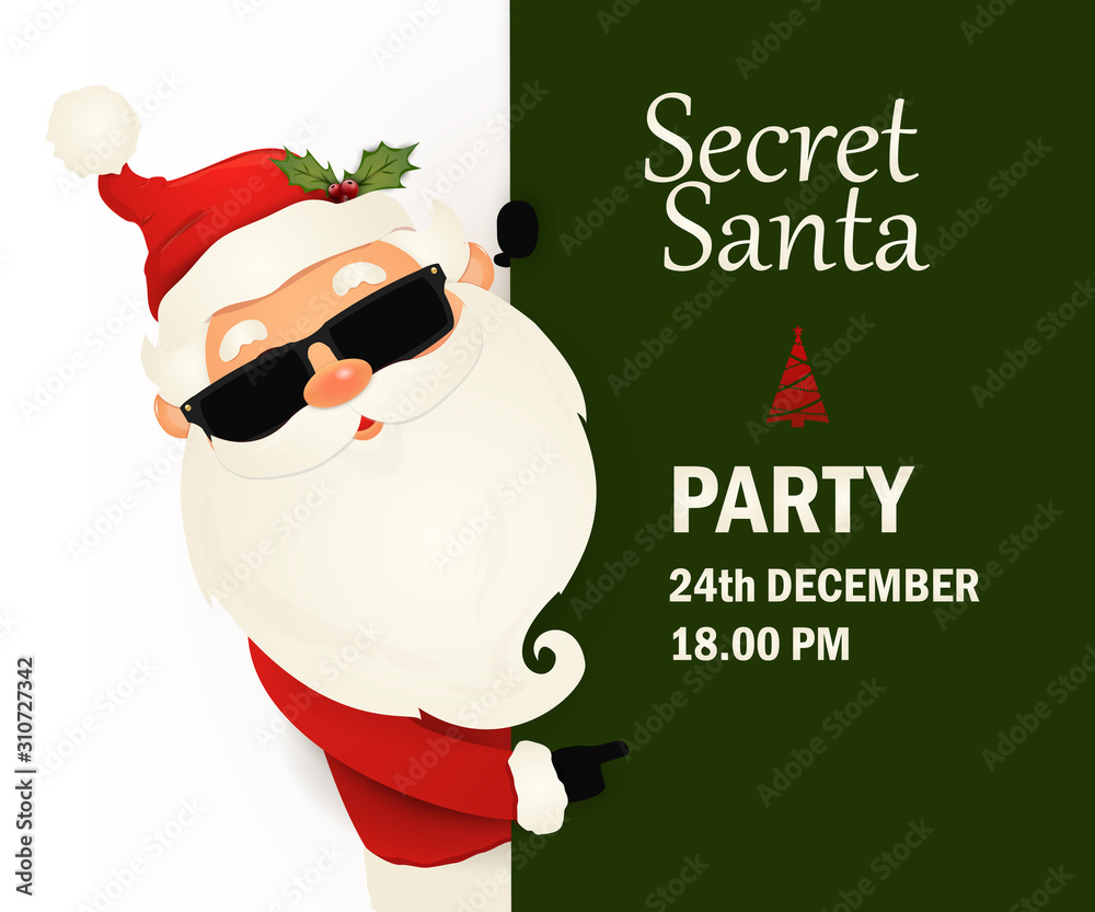 Secret Santa Claus invitation background standing behind a blank sign ...