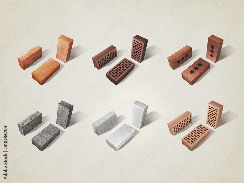 Types of bricks. Realistic 3d ilustration of bricks, isolated ...