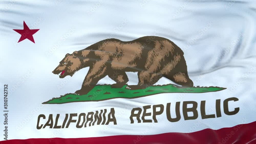 California (U.S. state) flag waving in the wind with highly detailed ...