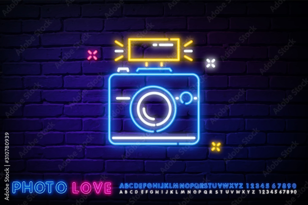 camera is neon. logo for photographers, sign for photo studios. Night ...