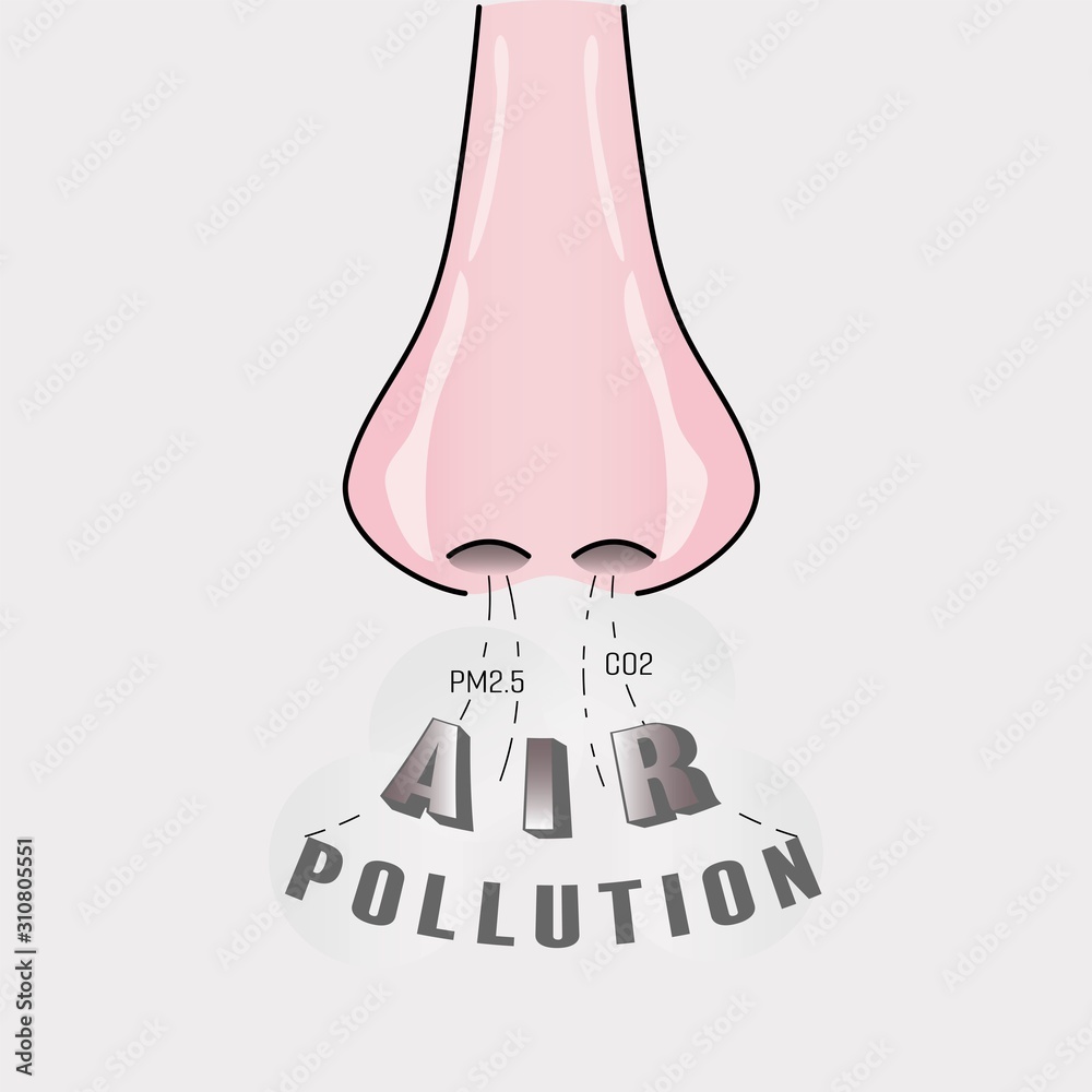 Human nose, inhalation of pollutants. Air pollution concept. Vector ...