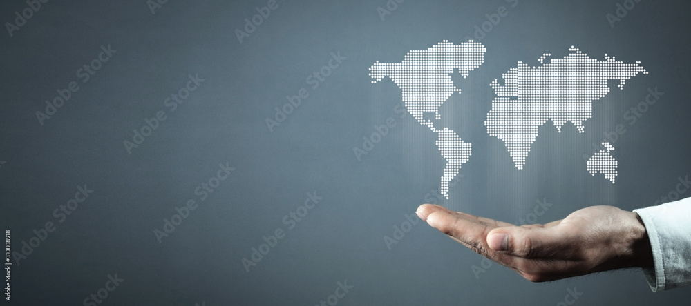 Male hand holding world map. Space for your text Stock Photo | Adobe Stock