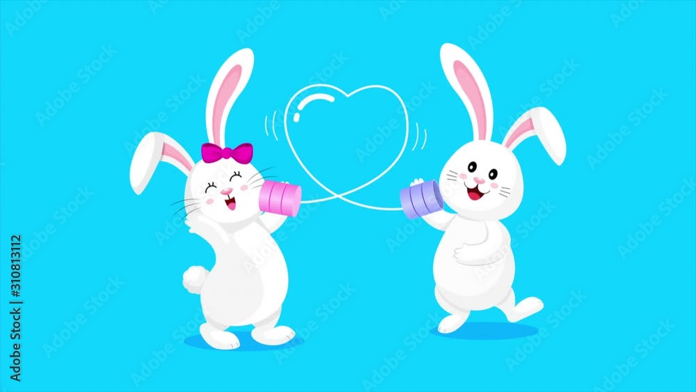 Cute cartoon bunny character, boy and girl talking on tin can phone ...