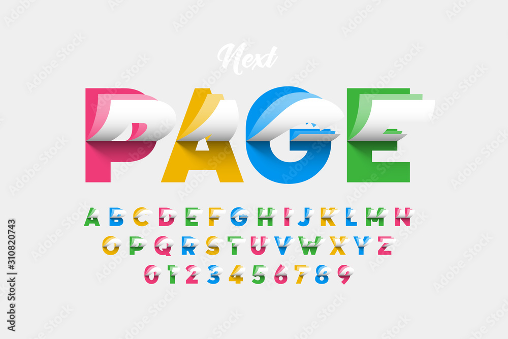 Flipping pages style colorful font, alphabet letters and numbers Stock ...
