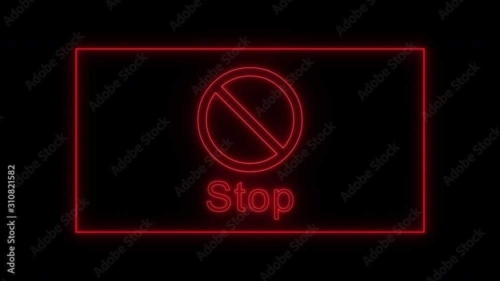 Stop neon sign fluorescent light glowing on banner background. Text ...