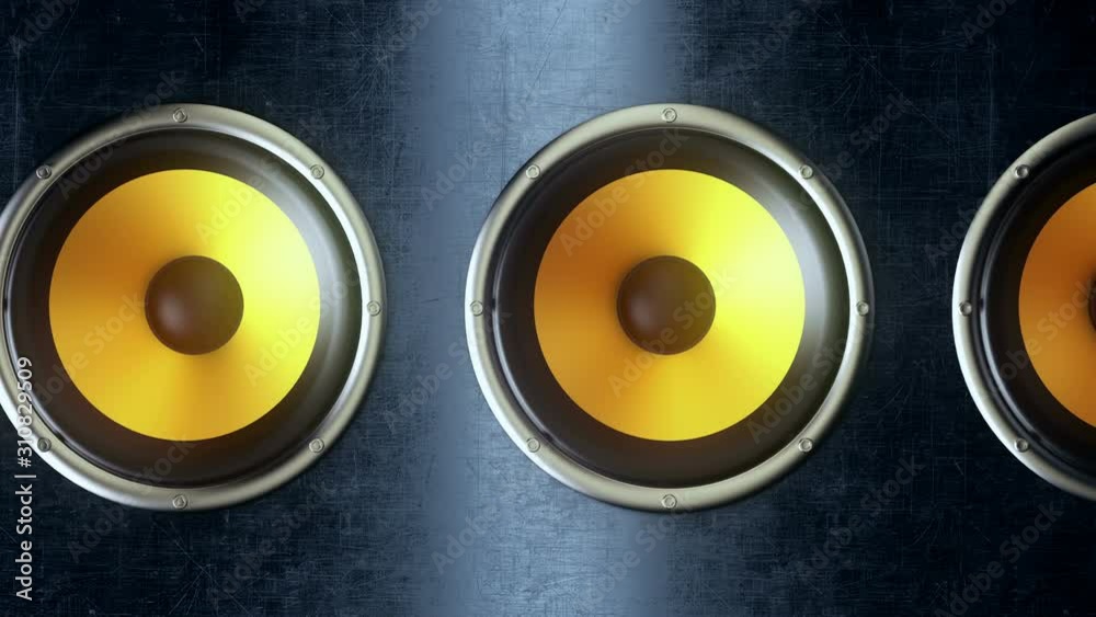 Audio speakers with yellow membranes playing modern music at 90bpm ...