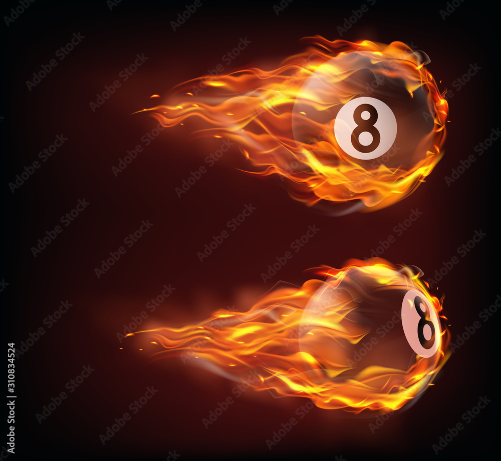 Flying black billiard eight ball in fire isolated on black background ...
