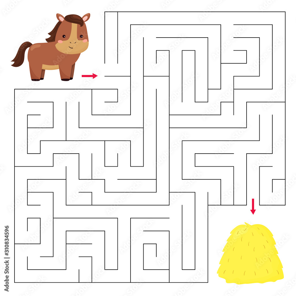 Maze game for children. Help the horse find right way to the hay ...