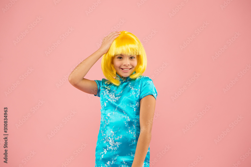 chinese carnival. happy kid in japanese dress. Portrait of cute girl ...