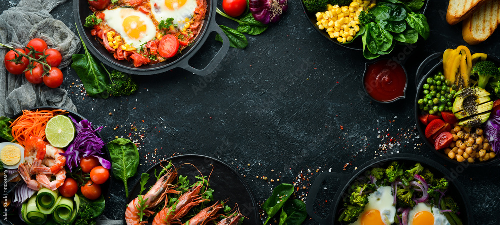 Dishes background. Set of dishes on the dining table. Food. Traditional ...