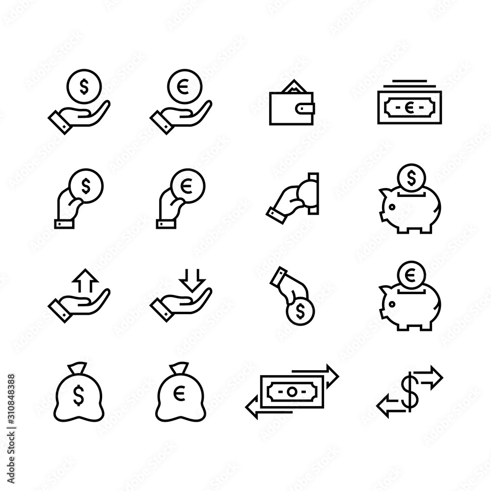 Money icon set simple outline flat symbols illustration Stock Vector ...