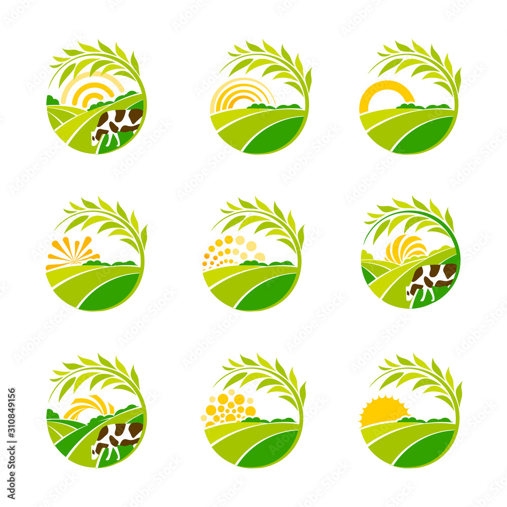 Farm isolated green logo collection. Rural landscape logos set ...