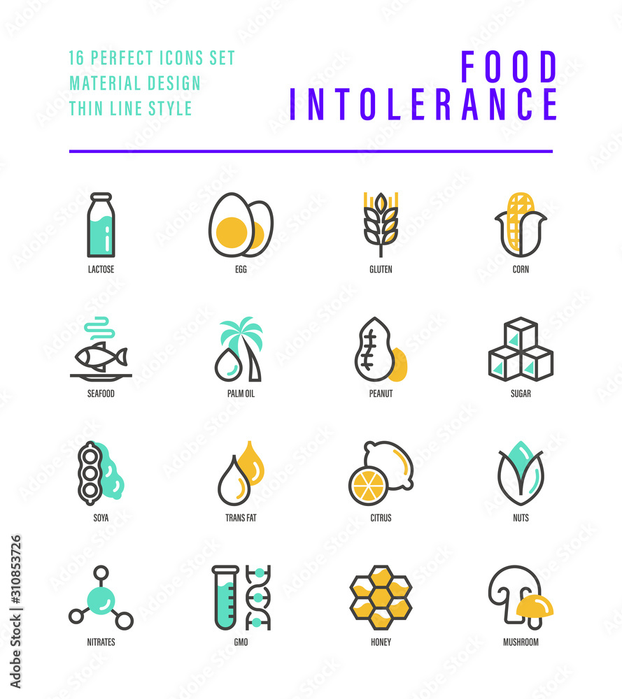 Food intolerance thin line icons set. Symbols of lactose, egg, gluten ...