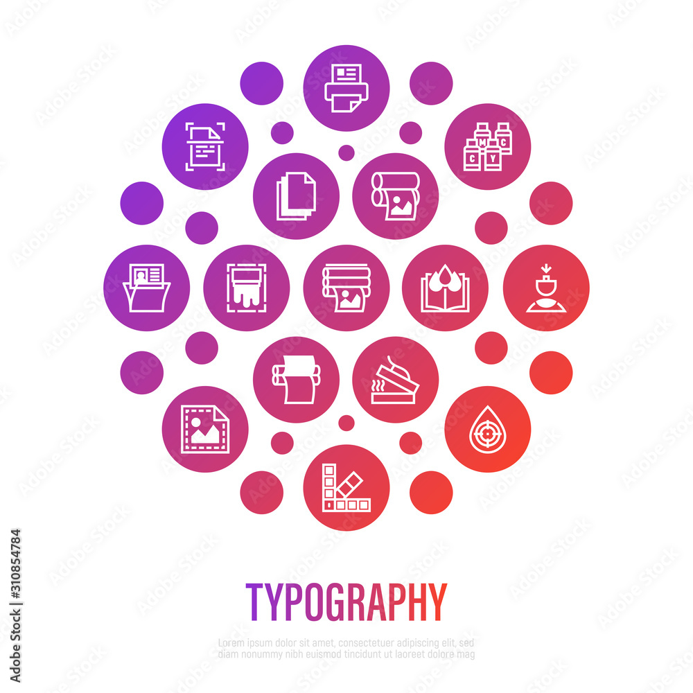 Typography, polygraphy concept in circle shape. Thin line icons: printing, scanning, flexography ...
