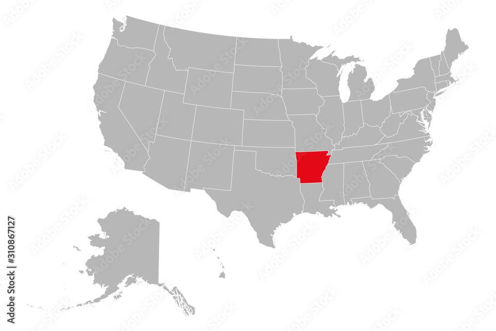 Arkansas state highlighted red color on USA map. Gray background. USA ...