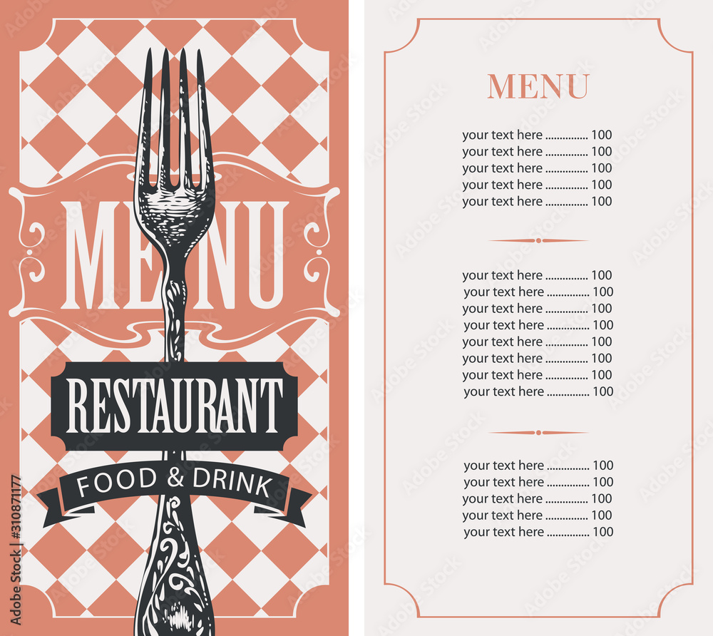Vector menu template for restaurant with price list and fork in a ...