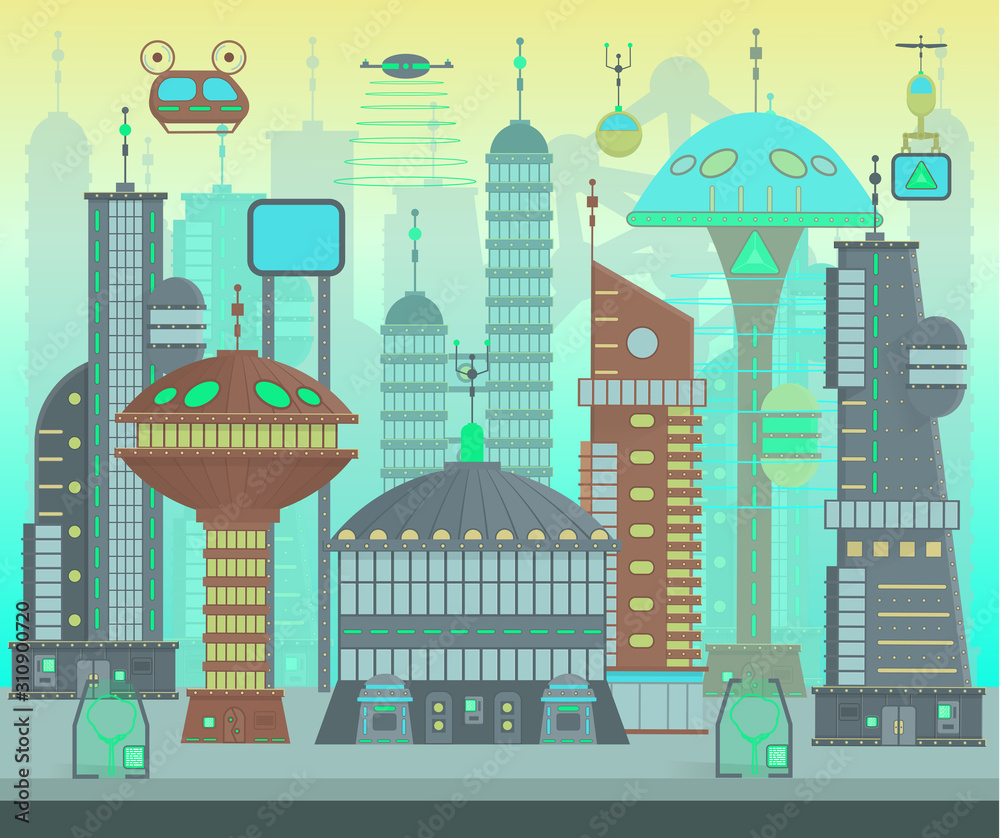Futuristic city set in flat cartoon design style. Panorama of a modern ...