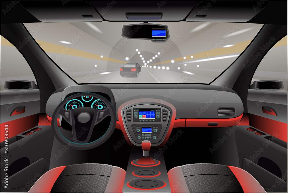 Car interior, cockpit view inside. Vector illustration. Stock Vector ...