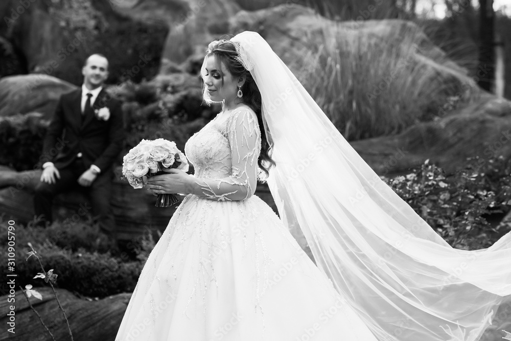 Groom posing with bride while wind blows her veil somewhere. Wedding ...