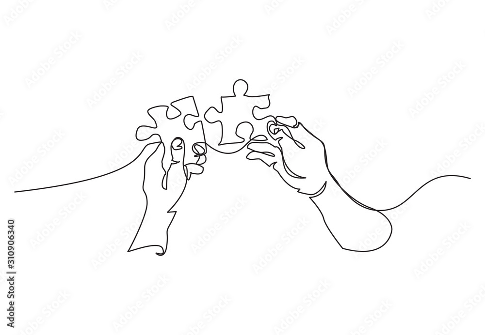 continuous line drawing of hands solving jigsaw puzzle Stock Vector ...