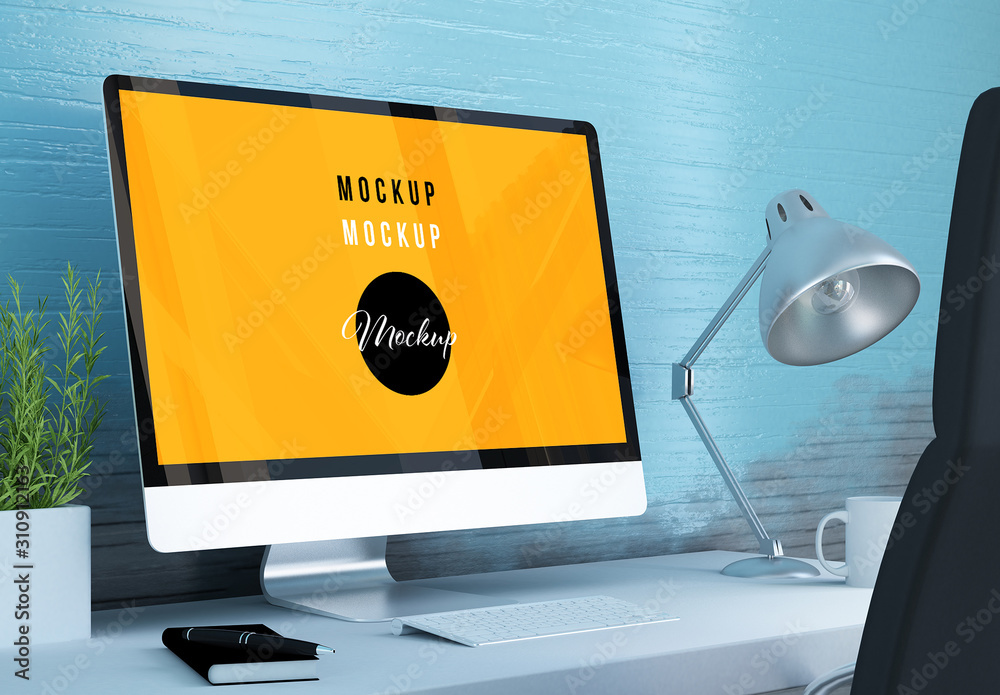 Modelo de Studio with a Computer Mock Up All with a Rustic Wood Wall in ...