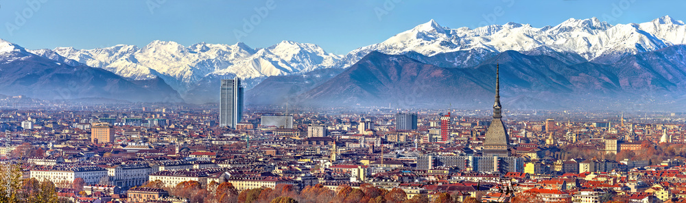 Aerial panoramic winter view on Turin city center with Mole ...
