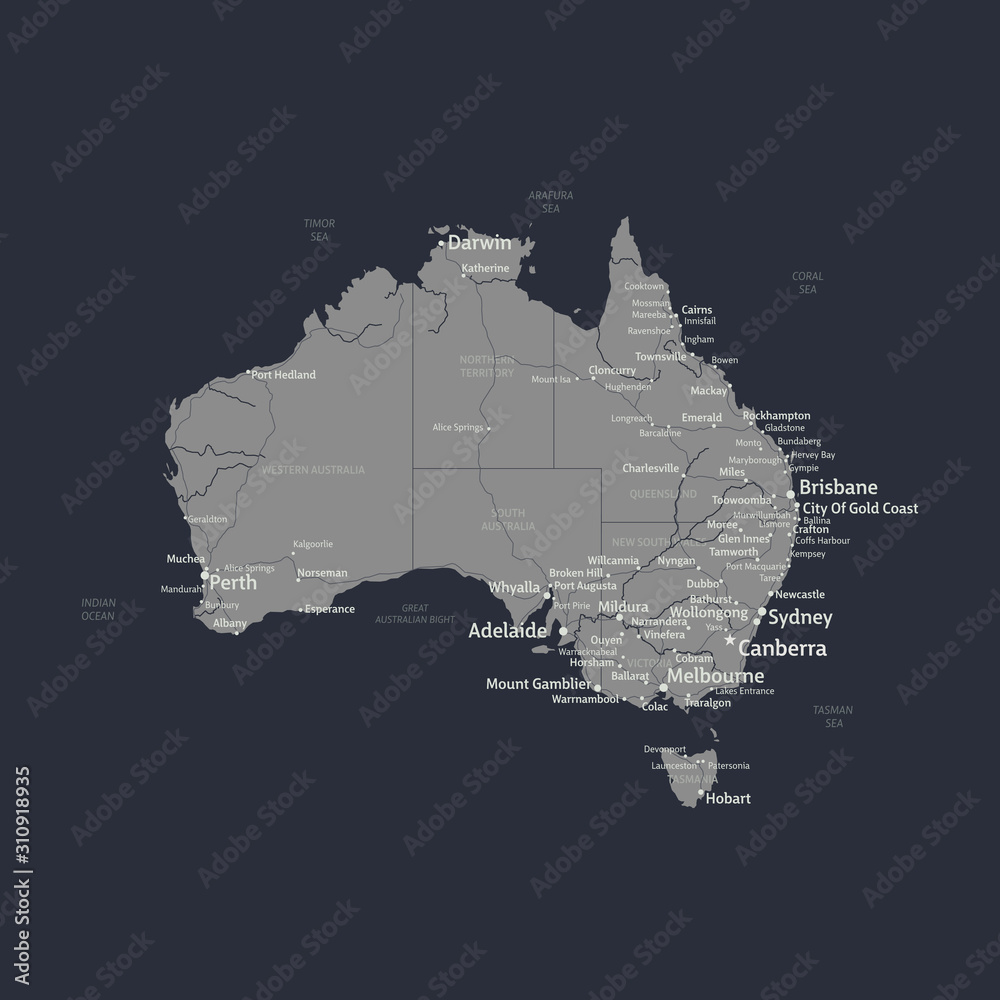 Vector map of Australia with states, cities, rivers and seas on ...